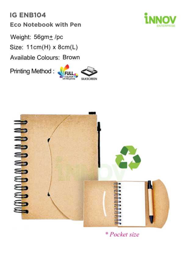 Custom Eco Brown Notebook Singapore | Compact Spiral Notebook with Pen ...